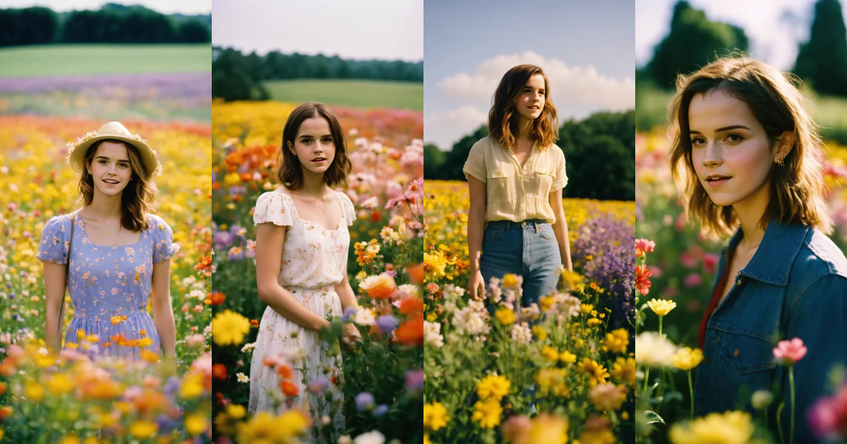 Lexica - Happy Emma Watson standing in a beautiful field of flowers ...