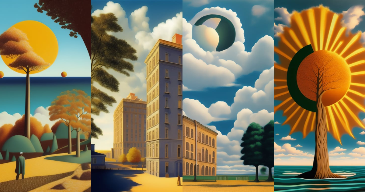 Lexica - Sunny day, shining sun, painted by Rene Magritte