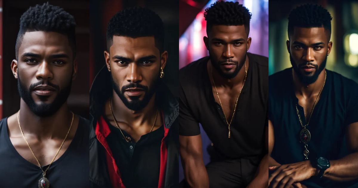 Lexica - Handsome black male, vampire, red eyes, beard, black Henley,