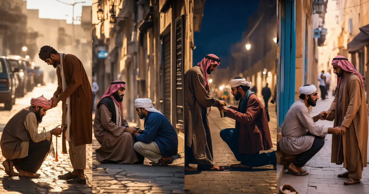 Lexica - A middle eastern man helping a poor beggar in the street ...