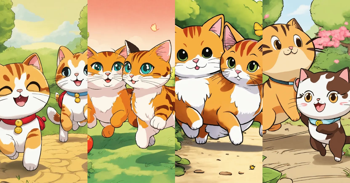 Lexica - Cartoon of apple and tama cat run together