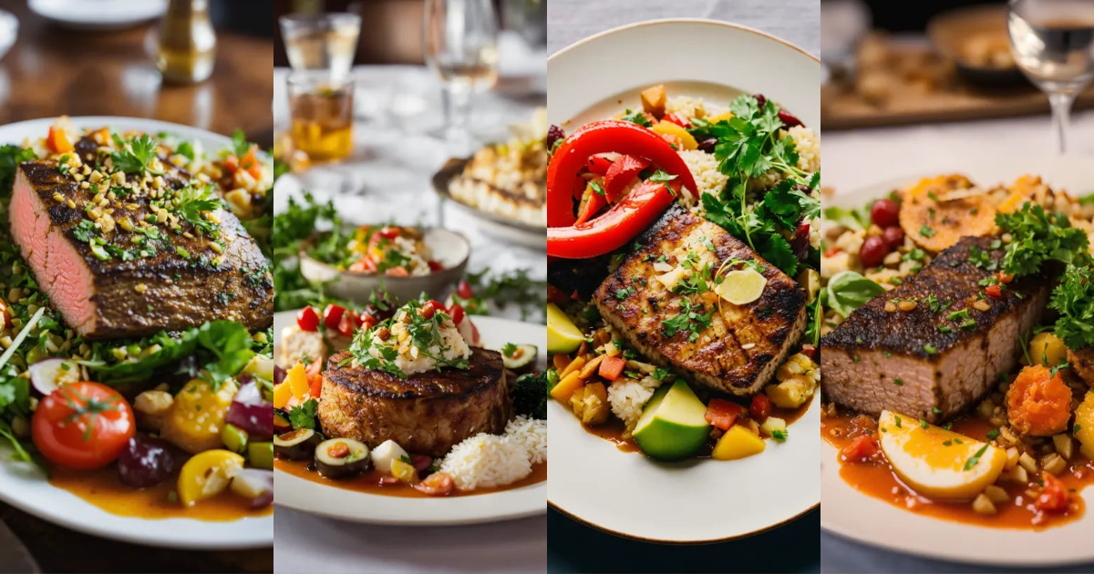 Lexica - A photo of a gourmet meal. The meal is composed of a variety ...