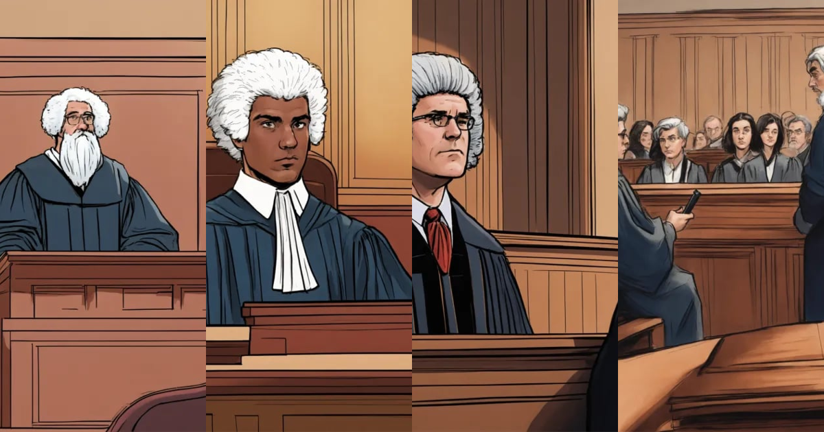 Lexica - Comic drawing of a person in court on trial, judge with a ...