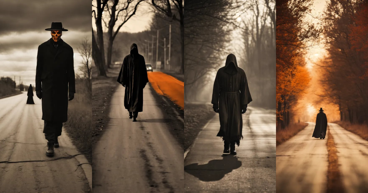 Lexica - A black and white image showing a creepy creep walking down a ...