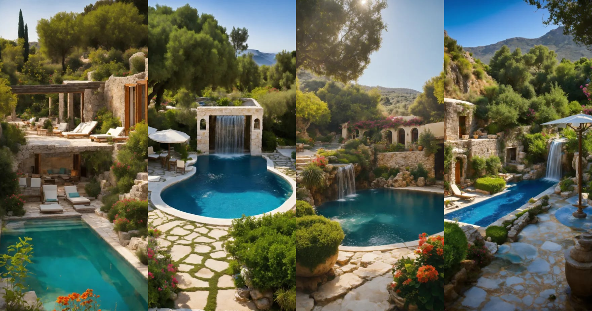 Lexica - Greek style garden, beautiful, surrounded by waterfalls ...