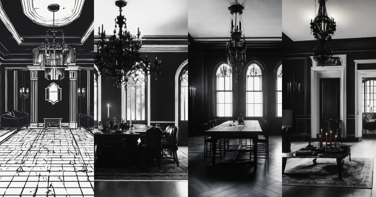 Lexica - A black and white dark modern vampire manor hall