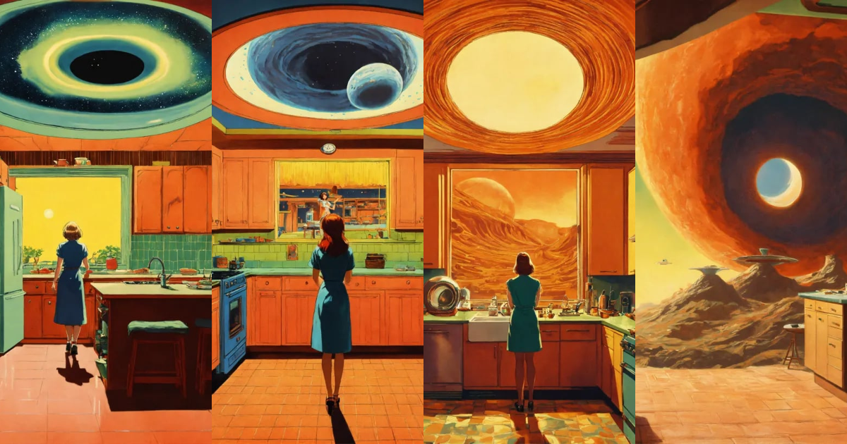 Lexica - A woman standing in her kitchen as a large hole appears in the ...