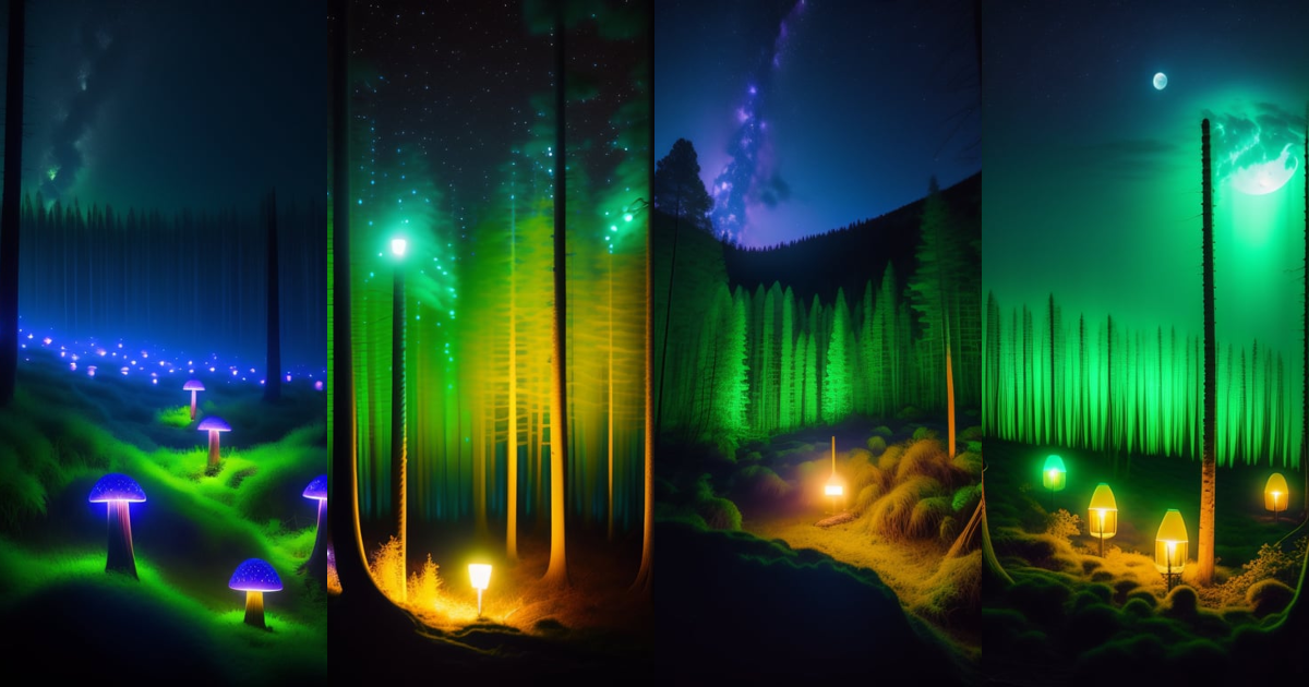 Lexica - Cosmic forest overgrown bioluminescent mushrooms in the moonlight