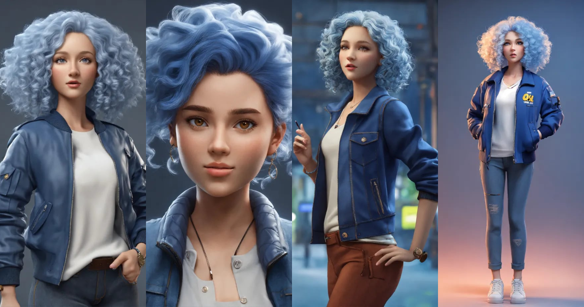 Lexica - (standing white woman), dark blue jacket, white t-shirt, accurate curly hair, light ...