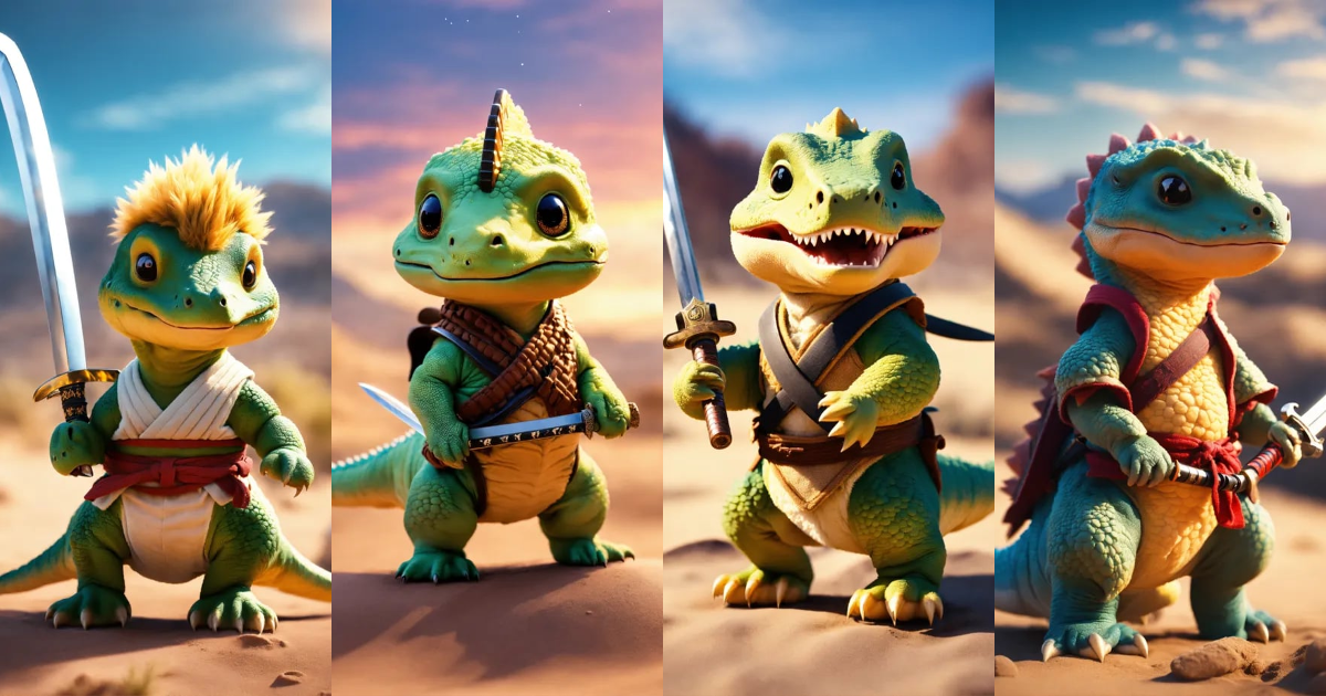 Lexica - An adorable and fluffy baby dinosaur, samurai, western, desert ...