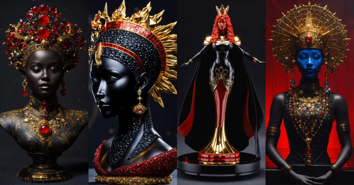 Lexica - Minimalism. Black Solar Queen with long oversized red flowing ...