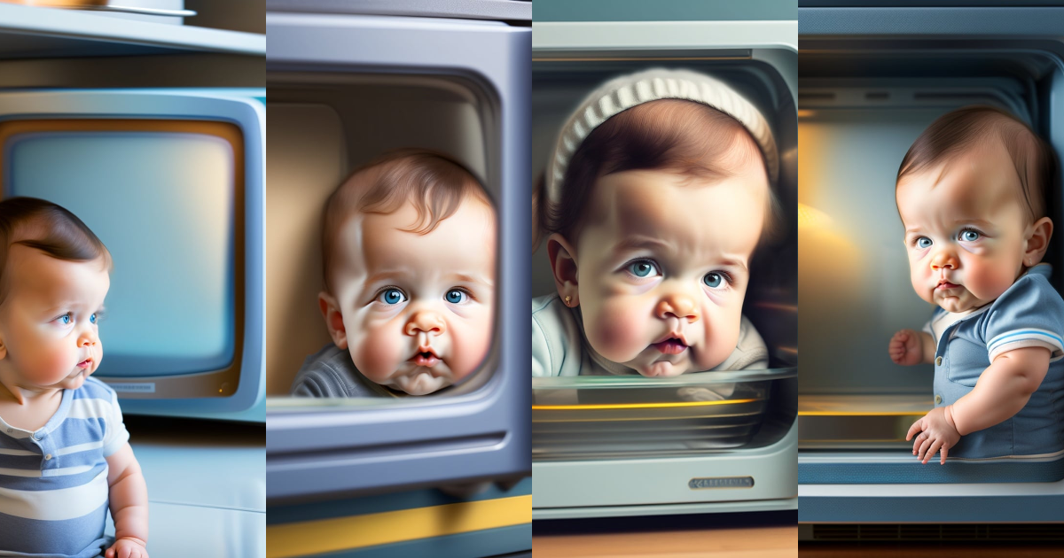 Lexica - Baby boy in front of a microwave, looking at the camera