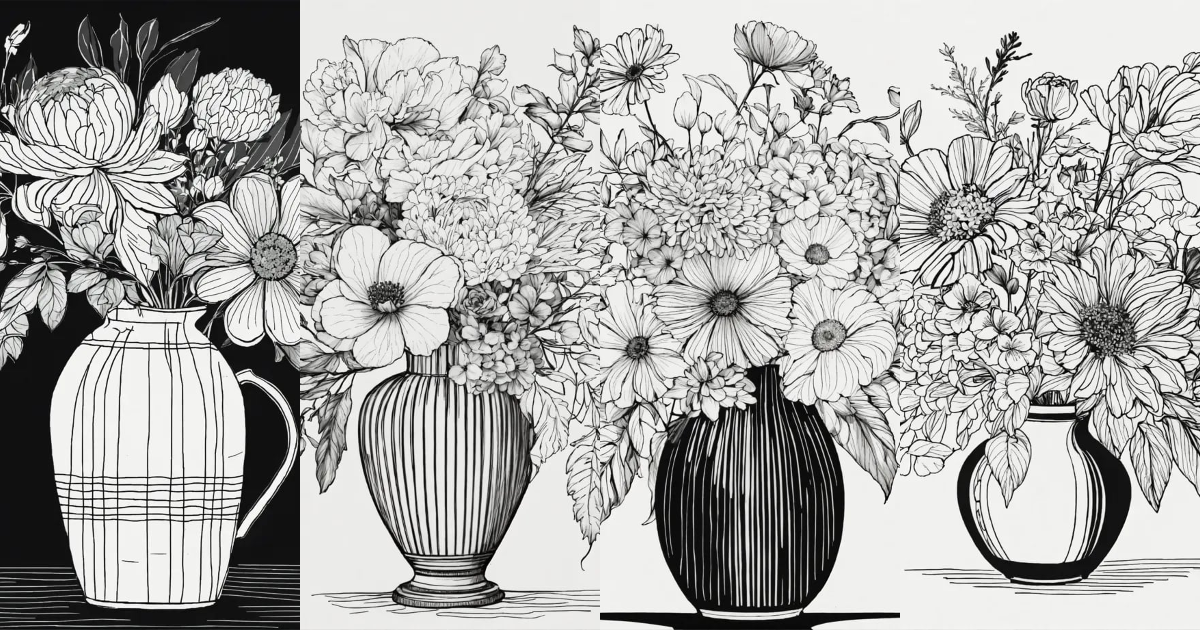 Lexica - Black and white bold line drawing, floral arrangement in vase ...
