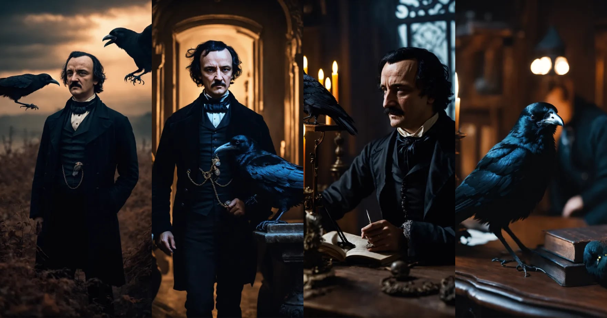 Lexica - Edgar Allan Poe and Raven, intricate, sharp focus, fantasy, cinematic lighting, other ...