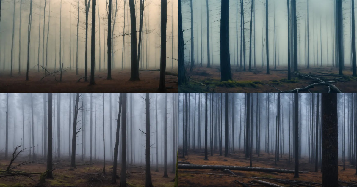 Lexica - Isolated dead trees in a dark forest, muted colors, foggy ...
