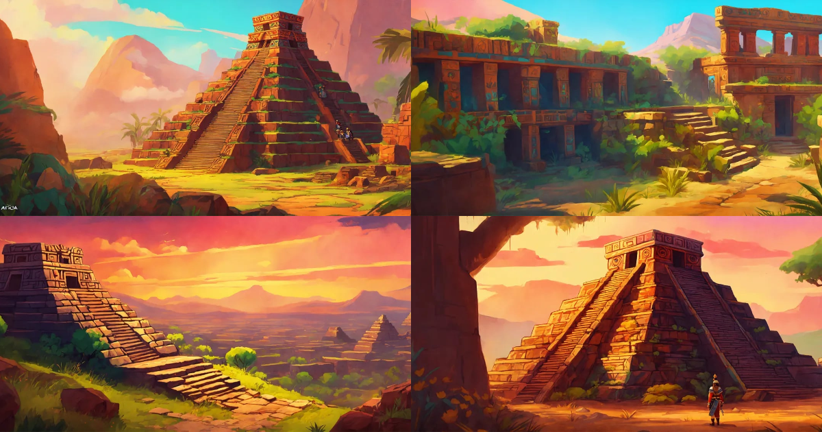 Lexica - Aztec ancient ruin landscape, cartoon oil paint, 2D ...
