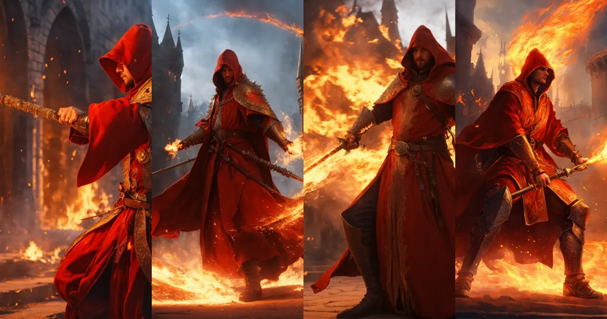 Lexica - Red robes sorcerer casting fire magic in an arc, flame ...