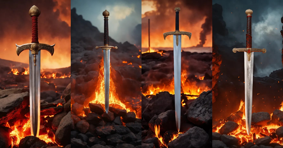 Lexica - A roman long sword, upright, on a pile of rocks, surrounded by ...