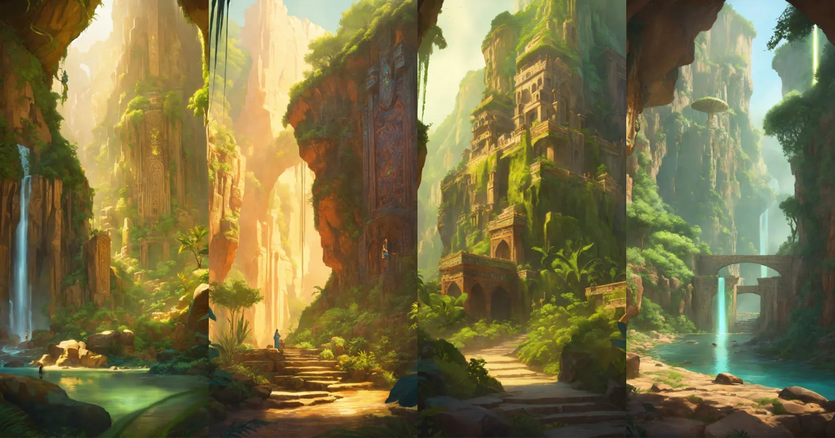 Lexica - Jungle cliffs, mystical, glowing gems, weird jungle trees and ...