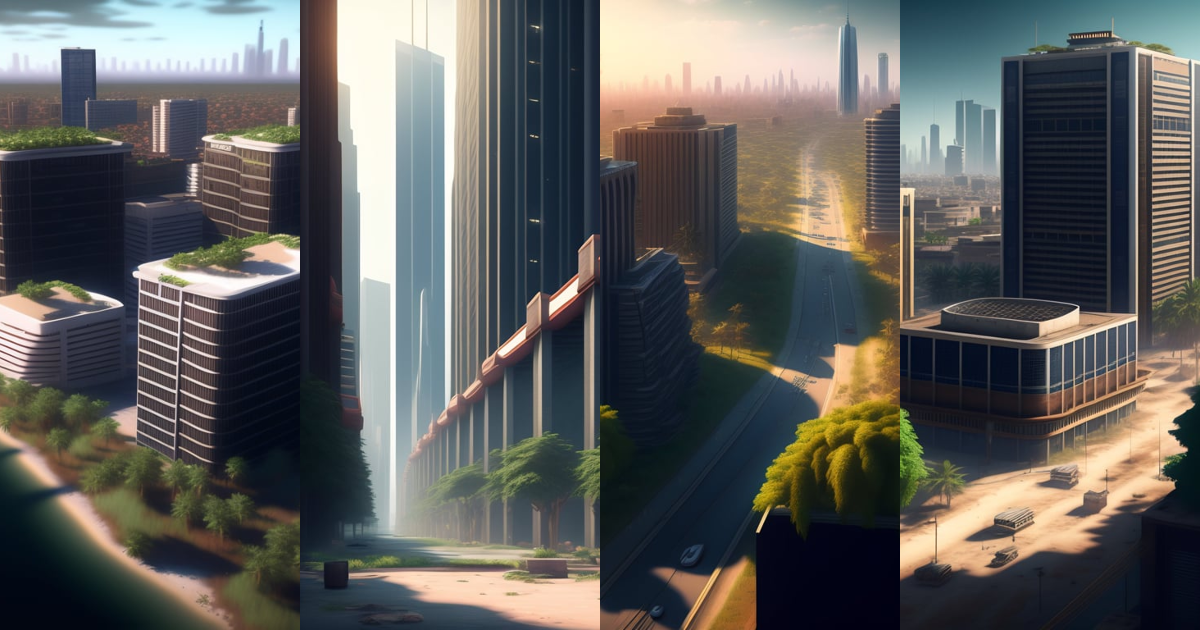 Lexica - A deserted city, empty buildings, vegetation, trending on ...