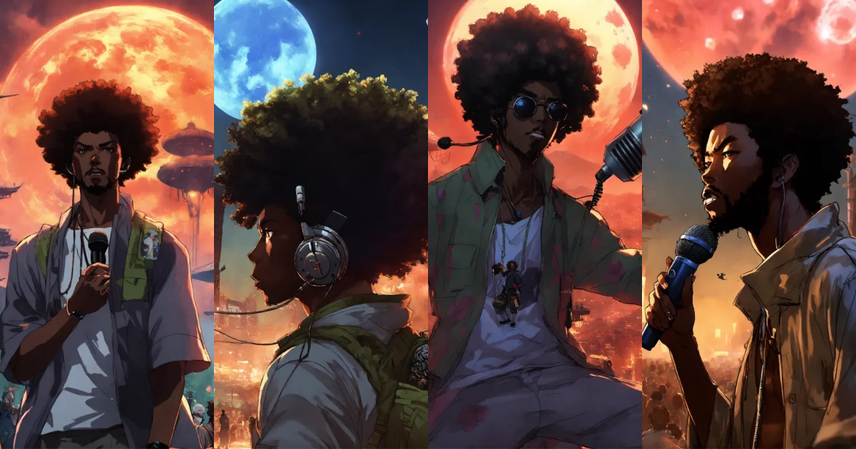 Lexica - Afro samurai anime, man rapping on microphone with alien ...