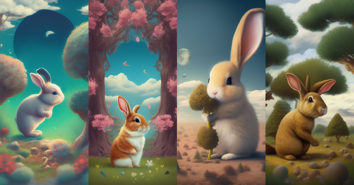 Lexica - Cute bunny, easter, trees, cartoon, clear sky, Surrealism