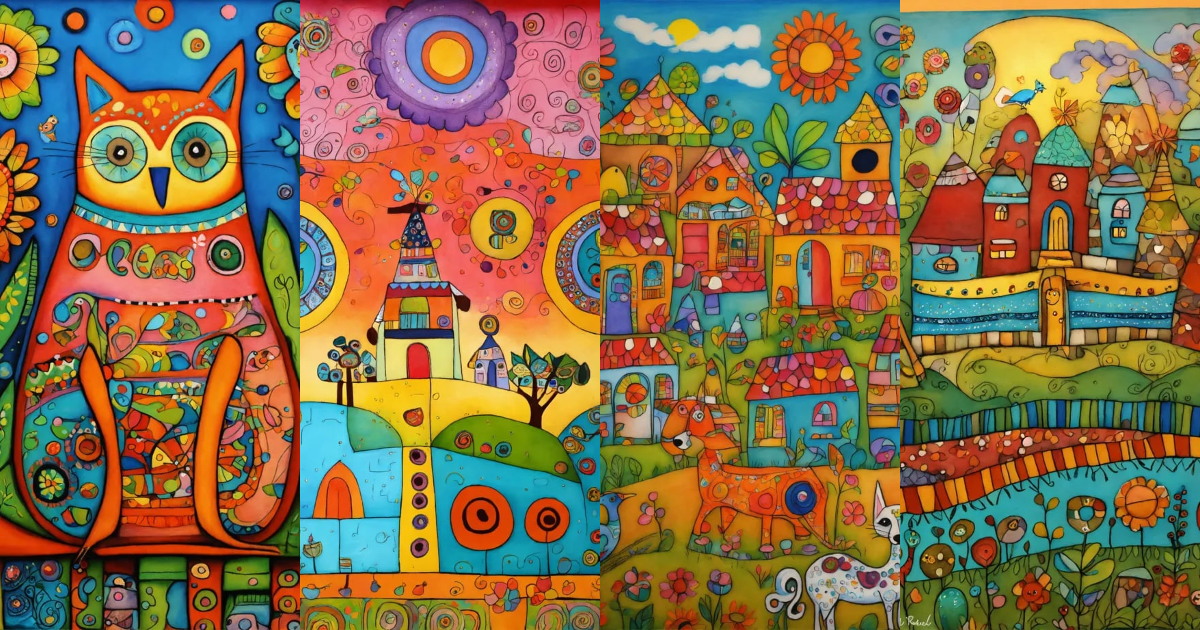 Lexica - Art drawing animals scene folk art style inspired by karla gerard