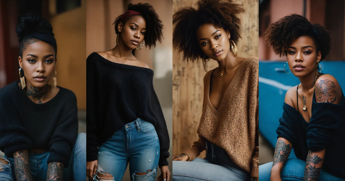 Lexica - Beautiful Black Female, hazy look, slouchy sweater, facing ...