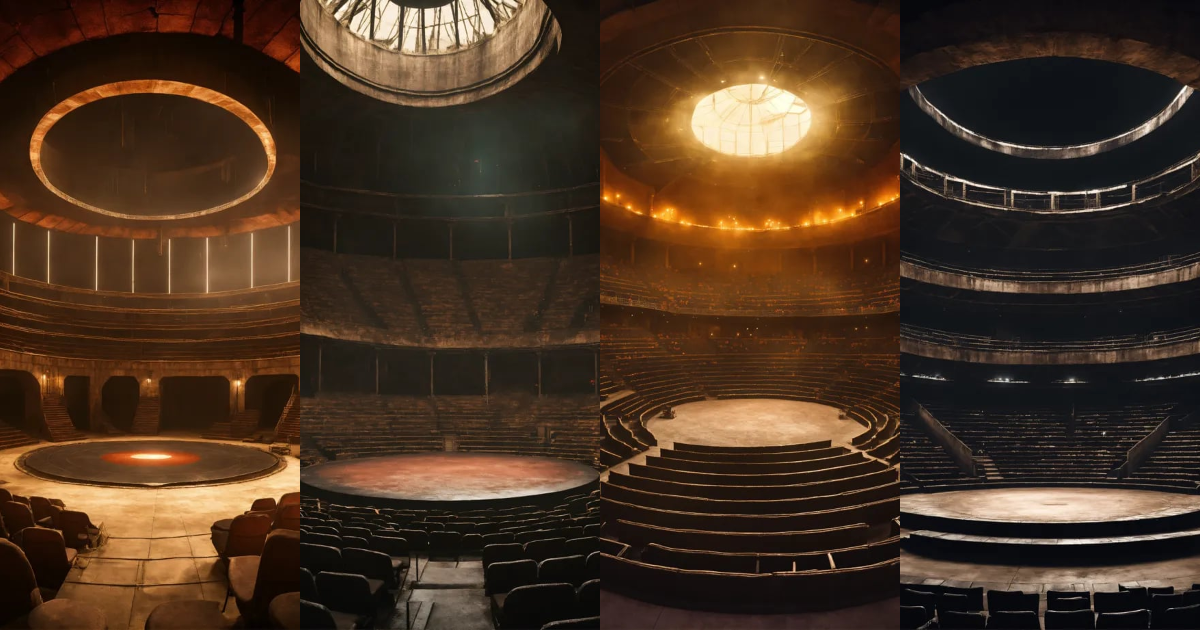 Lexica - Round arena for battles, dark, creepy, seats are arranged in tiers