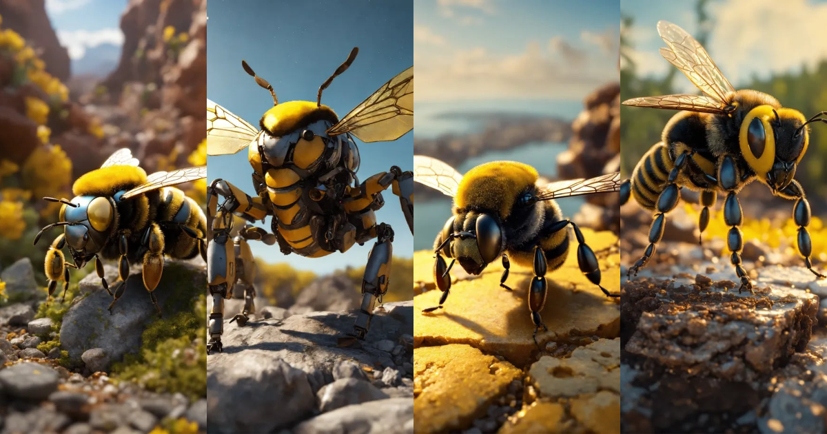 Lexica - 1️⃣ a bee that looks like a robot flying over a rocky road, in ...