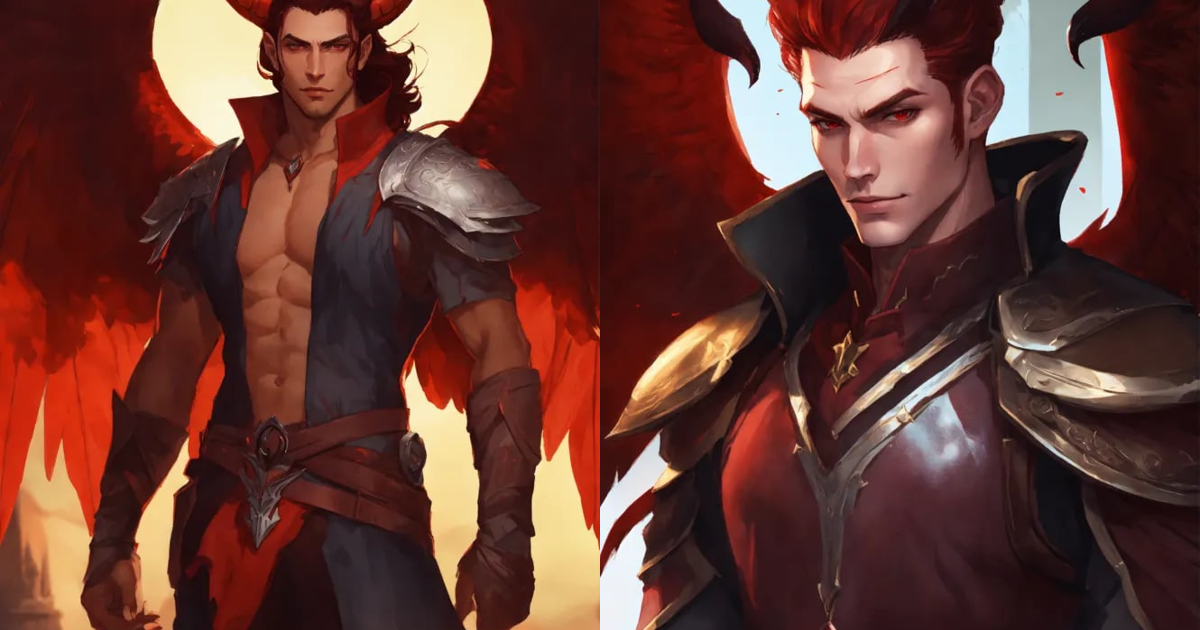 Lexica - A handsome demon man with shoulder length dark red hair ...