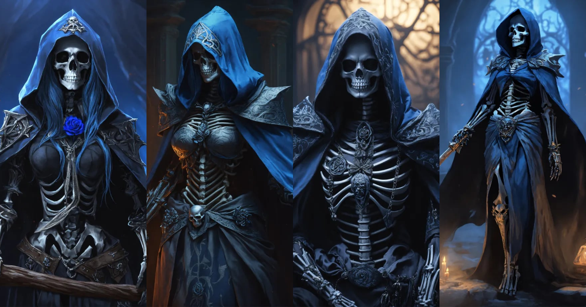 Lexica - Skeleton Lich queen with a hood up and charcoal silk garbs ...