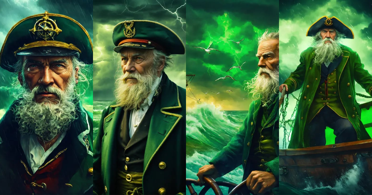 Lexica - Determined old sea captain, weathered face, steering his ship ...