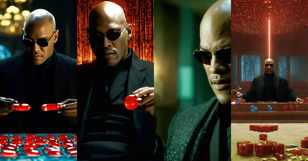 Lexica - Morpheus offering red or blue pill from the matrix
