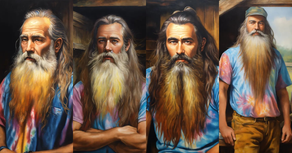 Lexica - 1980's wizard long beard, long hair, wearing tie-dyed t-shirt ...
