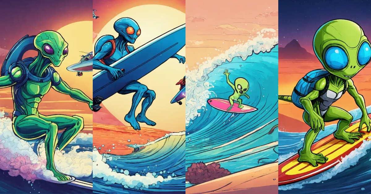 Lexica - Vector cartoon alien Surfing
