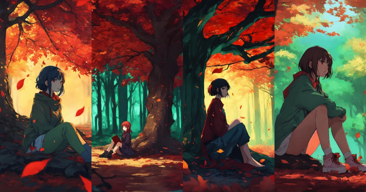 Lexica - A anime girl sitting under a tree with red leaves, dark scary ...