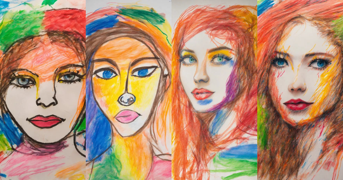 Lexica - Messy ugly colorful crayon drawing of a pretty woman, crayon ...
