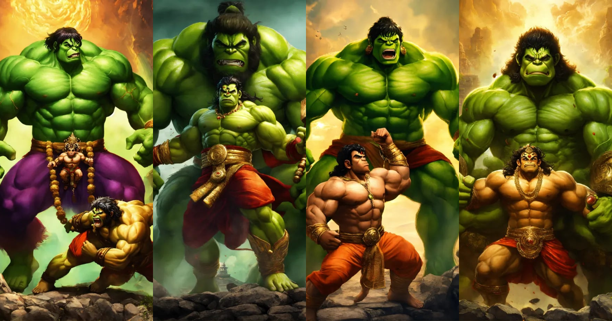 Lexica - Show Lord Hanuman fighting with Hulk and where Hulk is in pain ...
