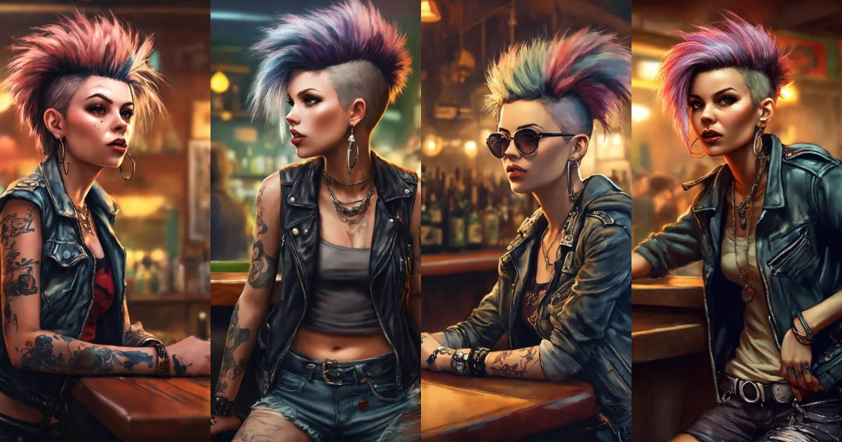 Lexica - Rebellious female punk rocker, standin in bar, a funny ...