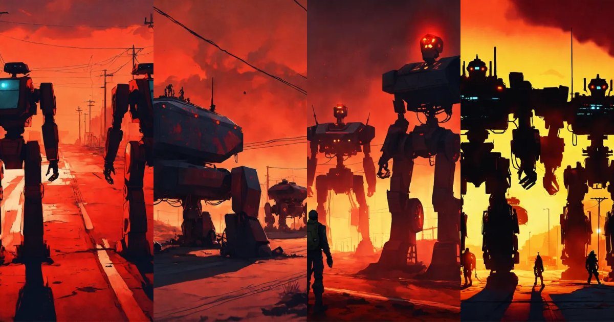 Lexica - Create a cartoon-style image of two immense robots, their ...