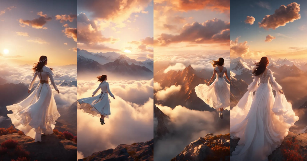 Lexica - A woman is flying across the clouds over front of mountains ...