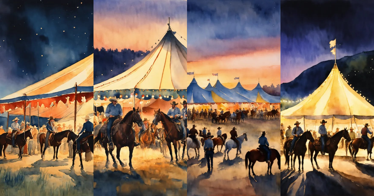Lexica - A watercolor painting of a Cowboy Revival Meeting, Cowboys on ...
