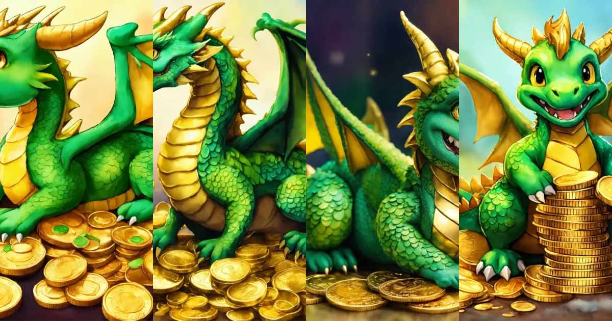 Lexica - Cute, sweet, smiling green and gold dragon sitting on gold ...