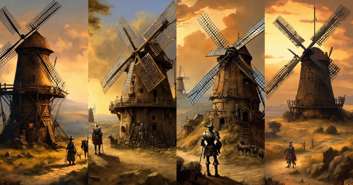 Lexica - *a Don Quijote is standing next to an old robot windmill, in ...