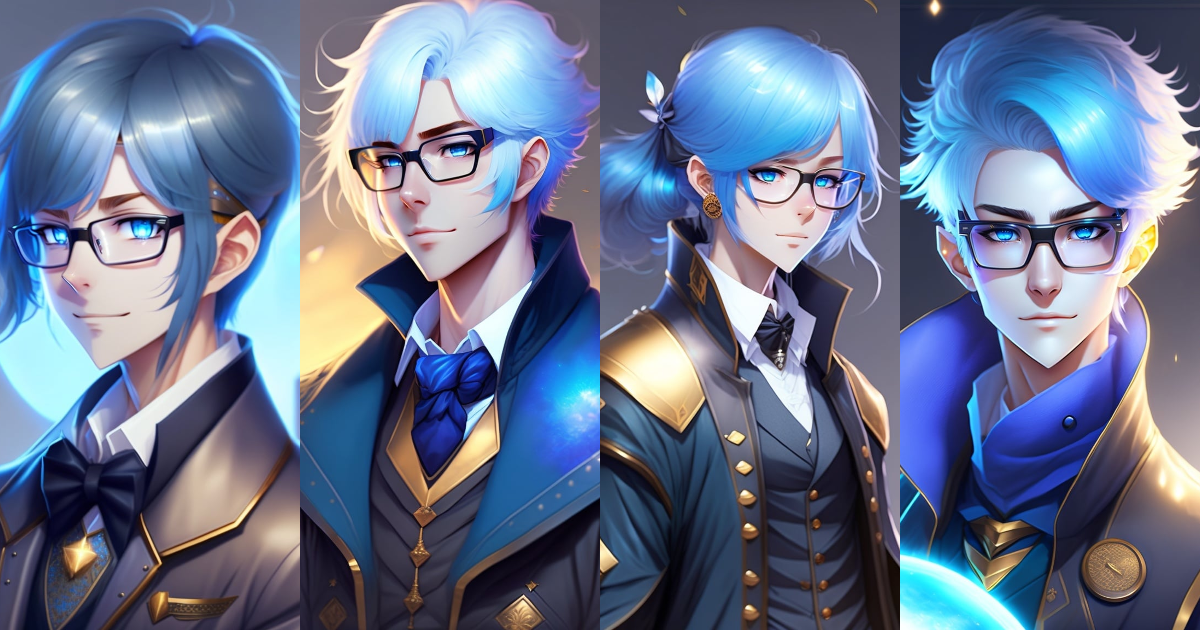 Lexica - Young-professor, blue hair, white hair, black clothes, golden ...