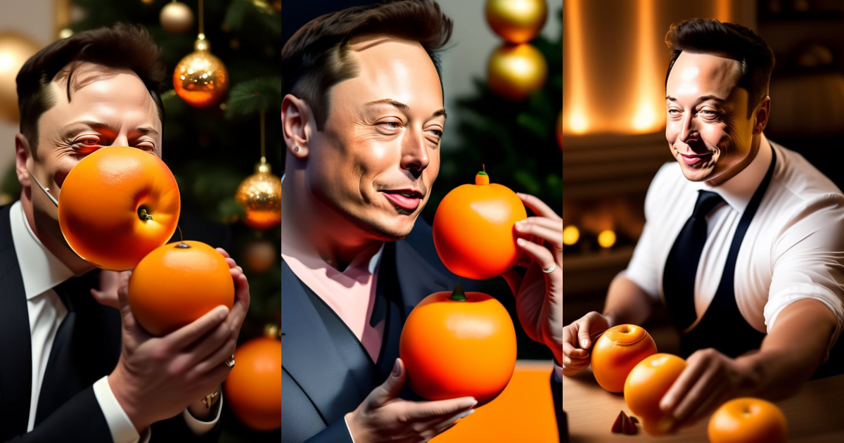 Lexica - Elon Musk peels a tangerine in front of the Christmas tree