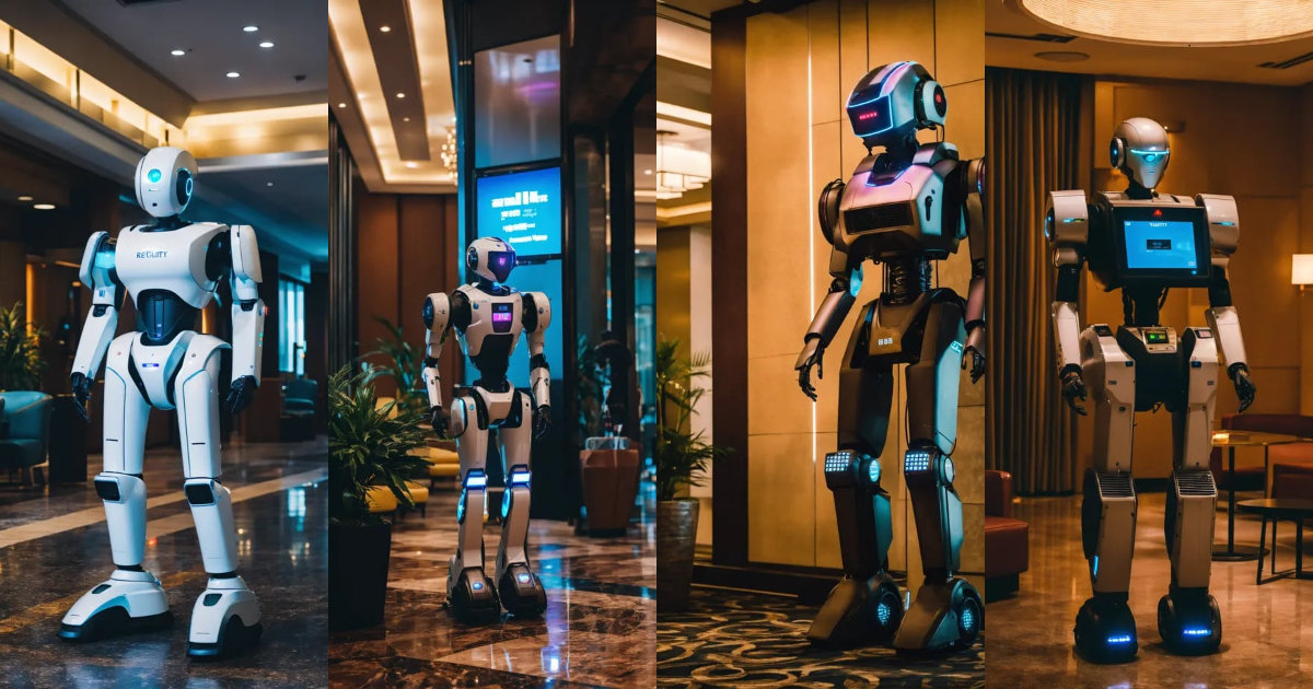 Lexica - Cyberpunk security robot in a hotel lobby