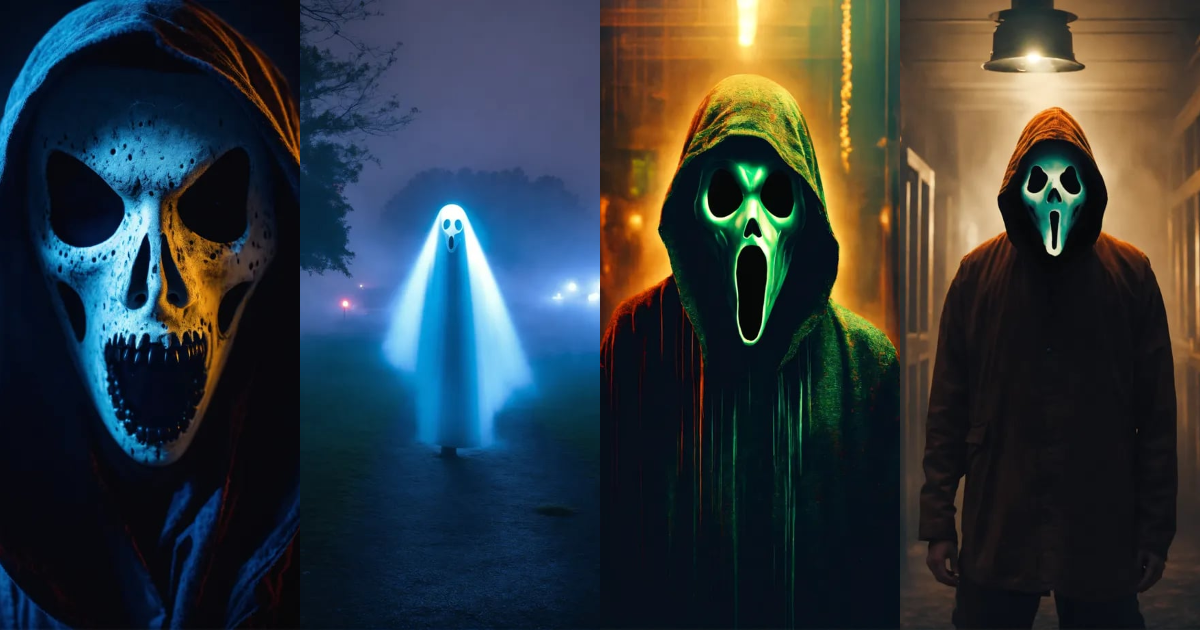 Lexica - Ghost Face from the movie Scream in strobe lights and fog DMT roo