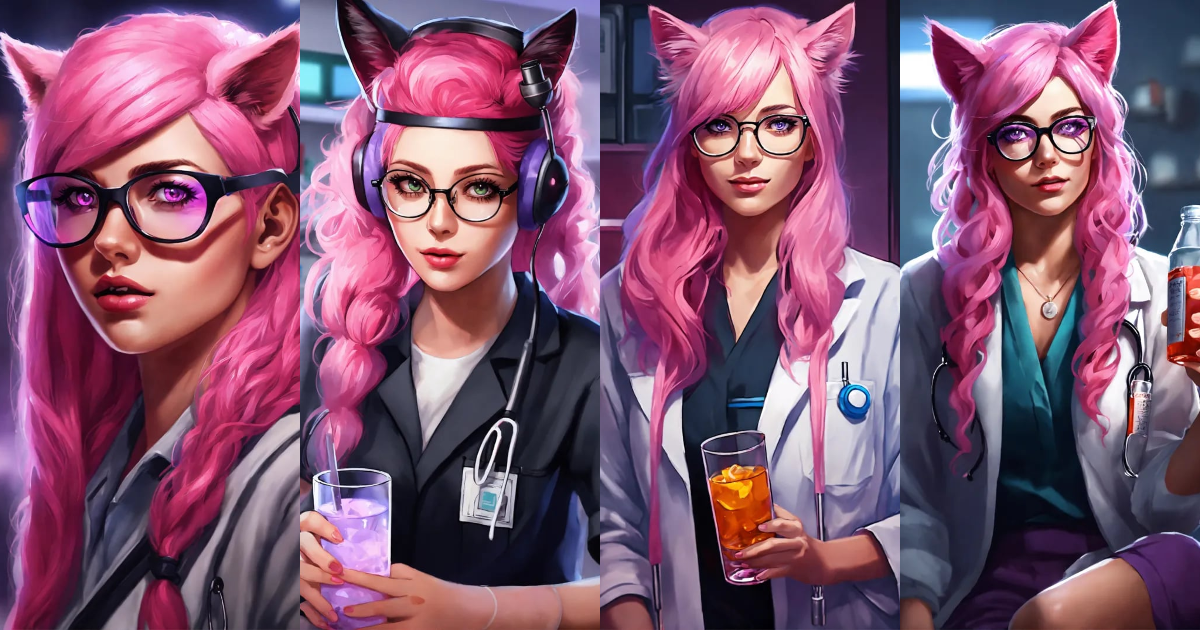 Lexica - Female doctor, with long pink hair, with cat ears disguise ...